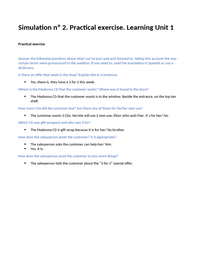 Simulation #2. Practical Exercise. Learning Unit 1 | PDF