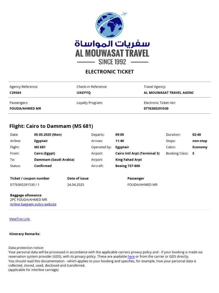Electronic Ticket For Fouda Ahmed MR Departure Date 05-05-2025 | PDF