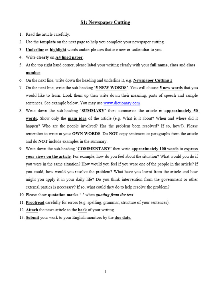 S1.Newspaper Cutting Instructions | PDF | Cognitive Science | Language Mechanics