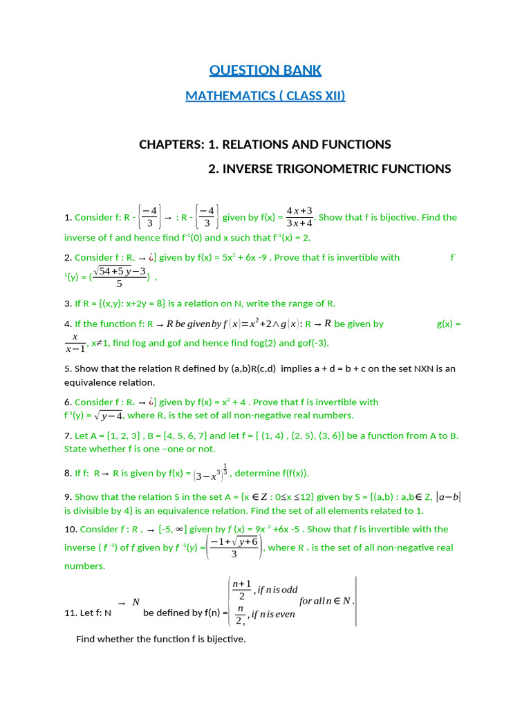 Class 12 Maths Question Bank | PDF | Mathematical Relations | Functions ...