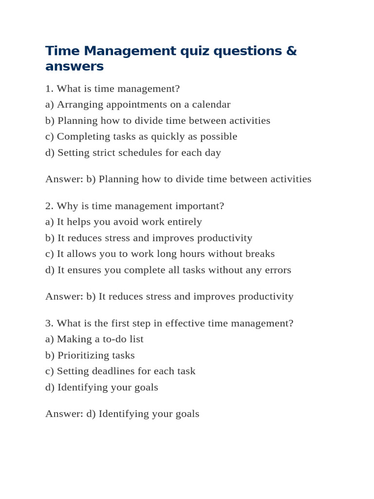 Time Management Quiz Questions | PDF | Time Management | Professional ...
