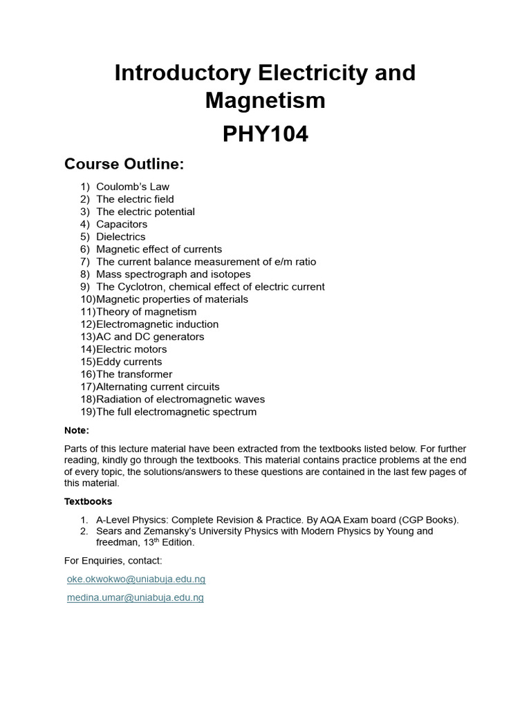PHY104: Electricity & Magnetism Notes | PDF | Electric Field ...