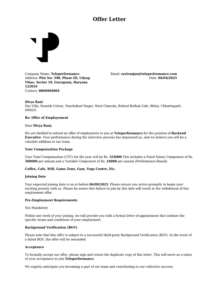 Divya Rani Offer Letter | PDF