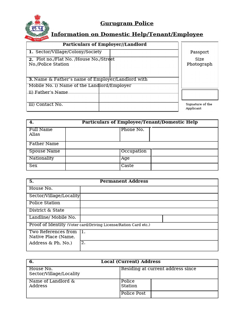 Gurugram Police Tenant Verification Form | PDF | Identity Document ...