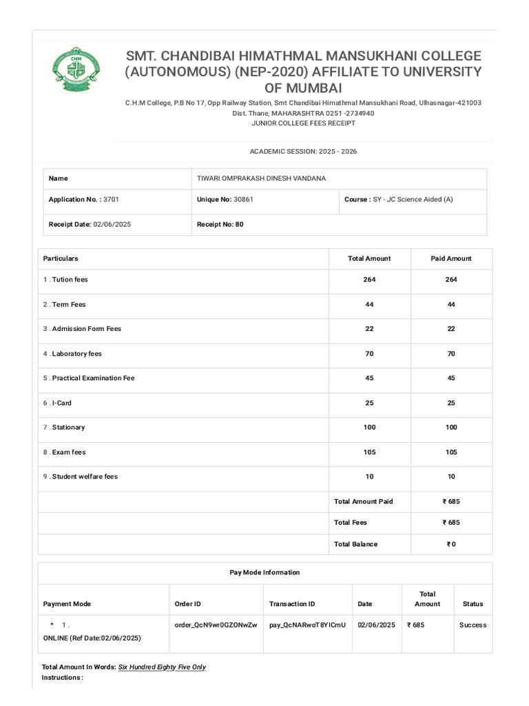 ACADMiN-Online Fees Receipt | PDF | Payments