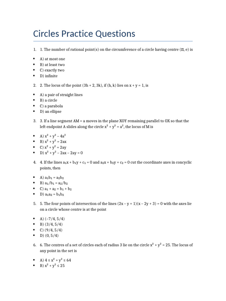 Circles Practice Questions and Solutions | PDF | Circle | Ellipse