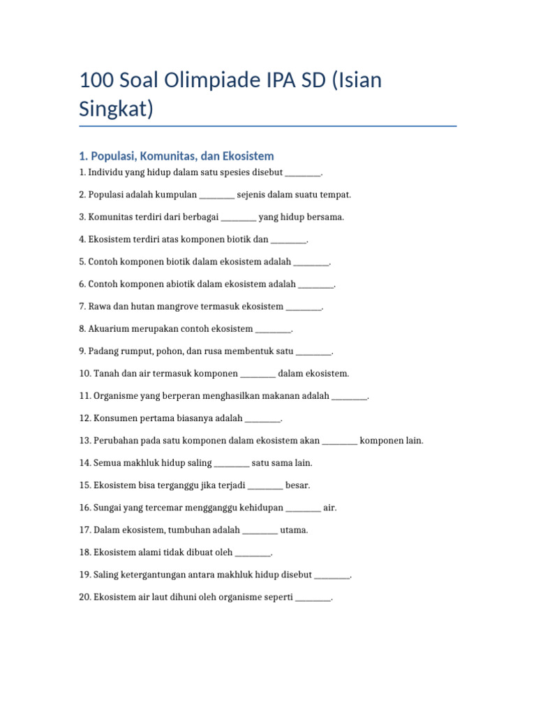 Soal Isian Singkat Olimpiade IPA SD | PDF
