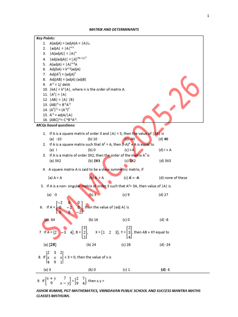 Assignment of Chapter 3 and 4 (Matrix and Determinants) | PDF | Matrix (Mathematics) | Mathematics