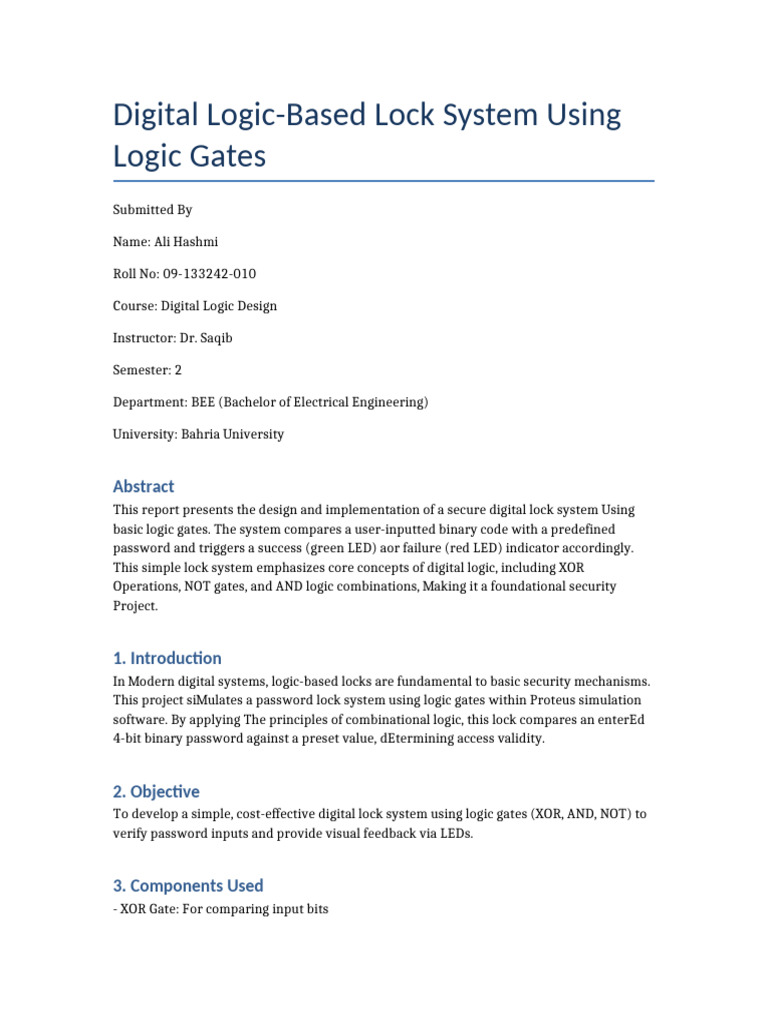 DLD Lock System Report Ali Hashmi | PDF | Logic Gate | Computing