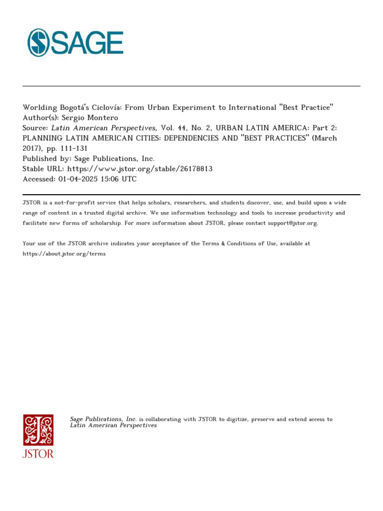 Montero, S. (2017) - Worlding Bogotá's Ciclovía From Urban Experiment To International Best ...