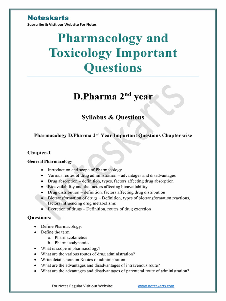 Pharmacology D.Pharma 2nd Year Important Questions Chapter Wise by ...