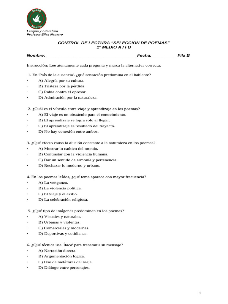 Control de Lectura 2 - Selección de Poemas - Fila B | PDF