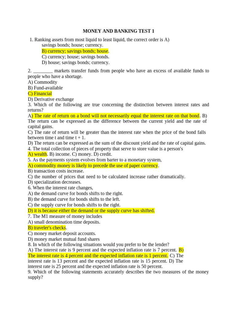 Money and Banking Test Questions | PDF | Bonds (Finance) | Money
