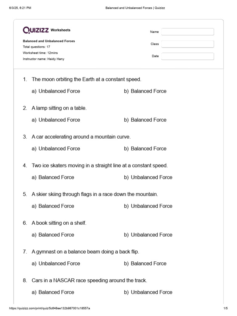 Balanced and Unbalanced Forces - Quizizz | PDF | Force | Mechanical Engineering