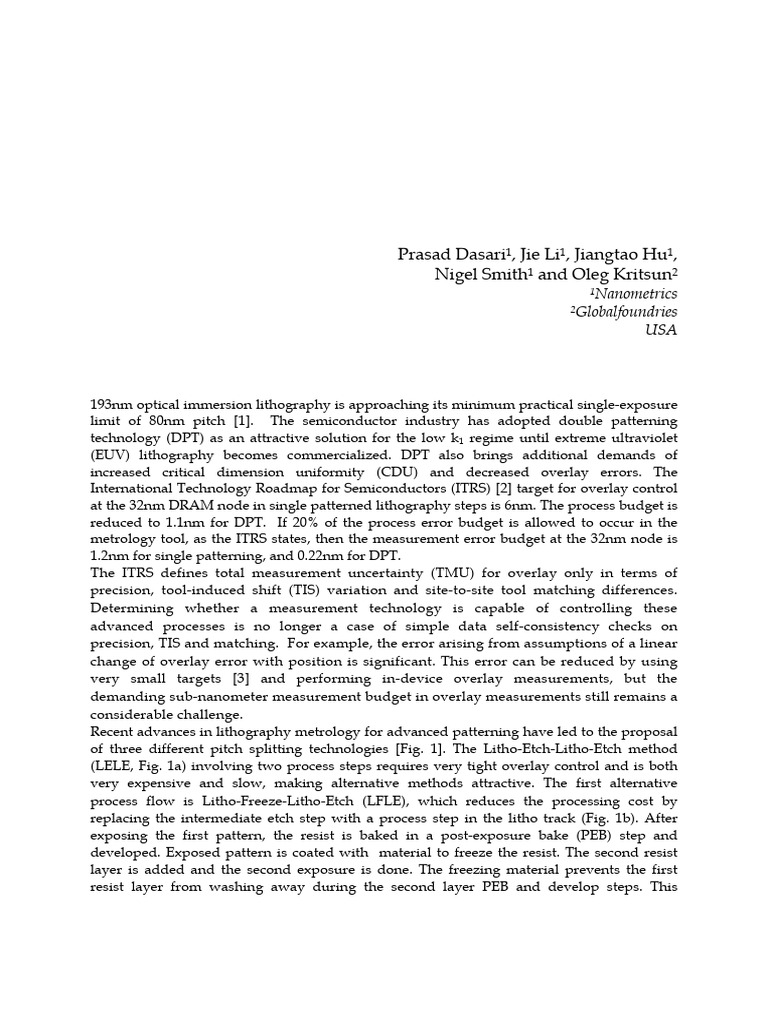 InTech-Diffraction Based Overlay Metrology For Double Patterning Technologies | PDF