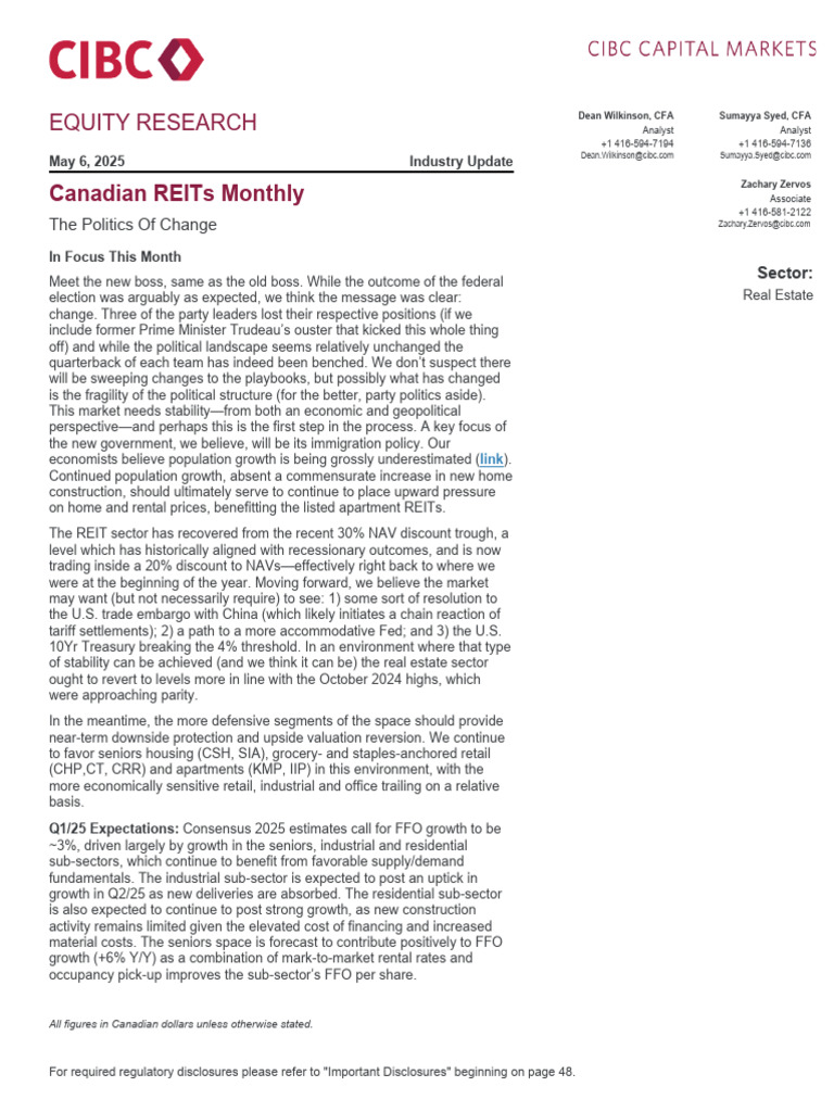CIBC - Canadian REITs Monthly, May 2025 | PDF | Business | Investing