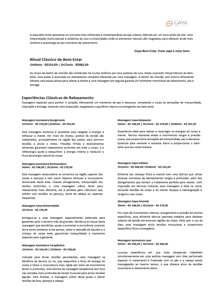 GAYA_Menu_de_Servicos_SPA_2023_1677676869925576 | PDF | Massagem | Gravidez