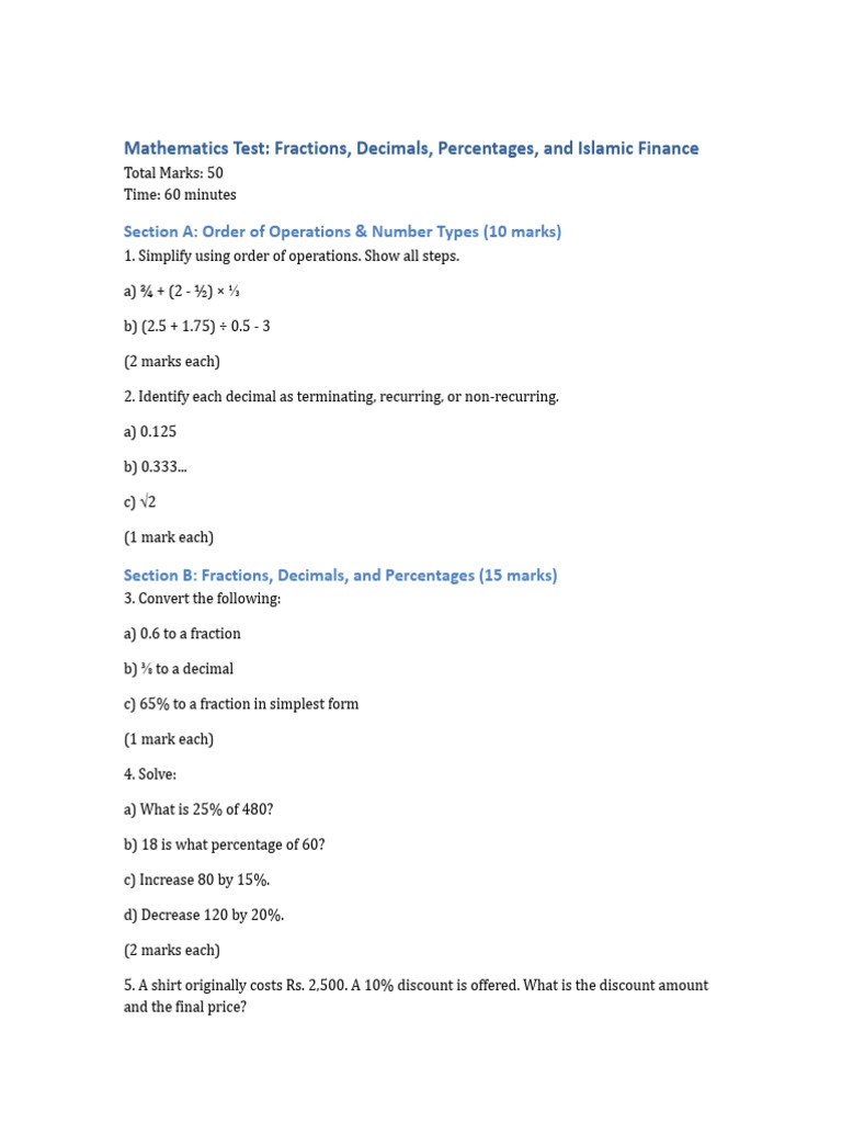 Math Test Fractions Decimals Percentages Zakat | PDF