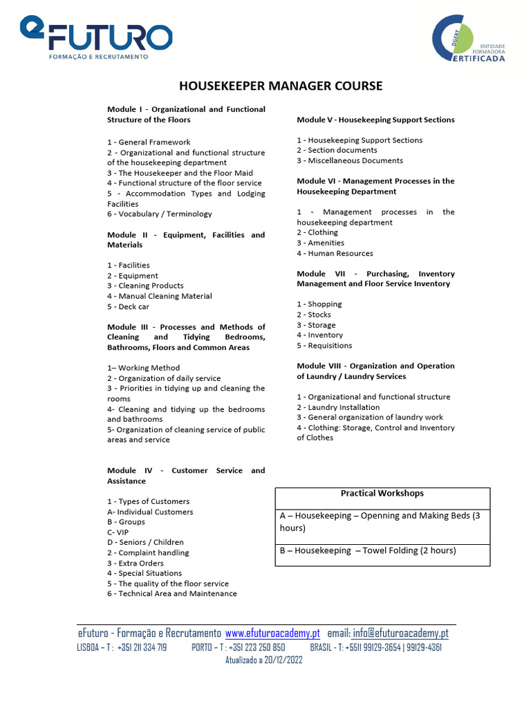 Housekeeper Manager Course Overview | PDF | Housekeeping | Home