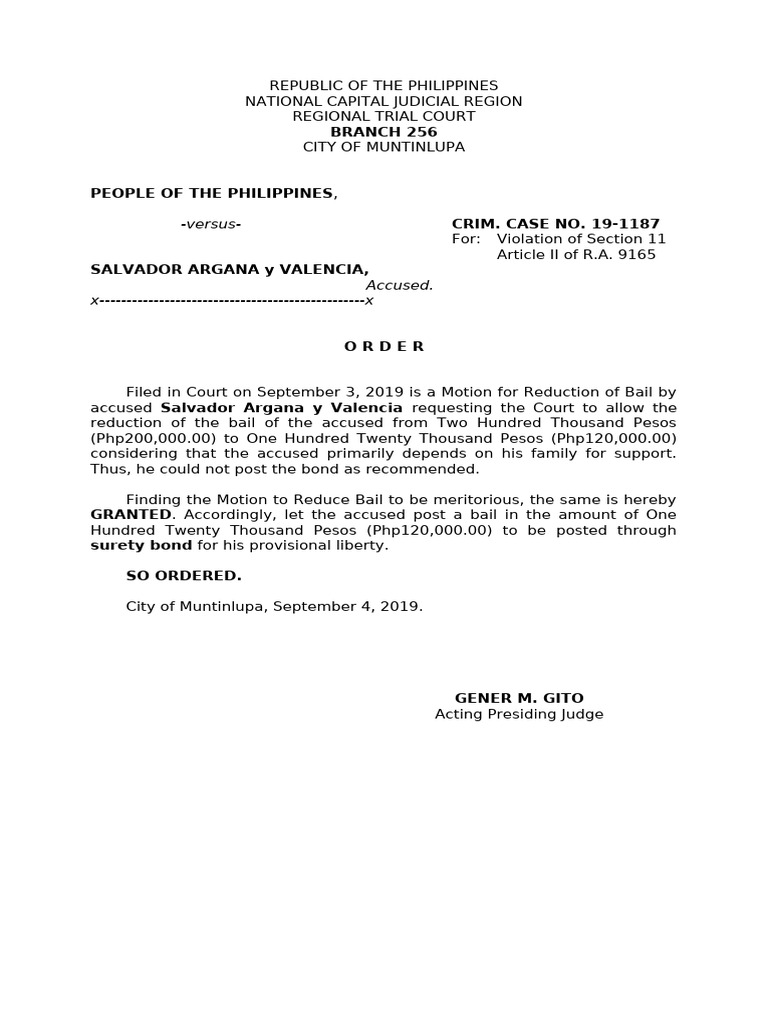 Motion For Reduction of Bail Granted 19-1187 | PDF