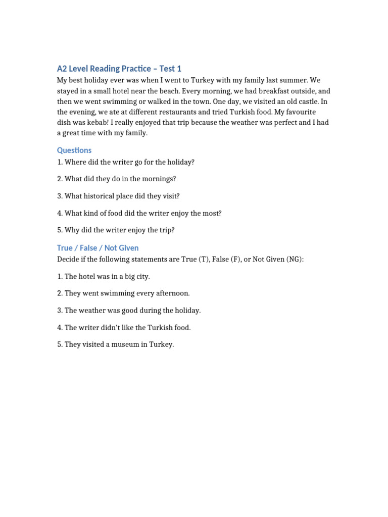 A2 Reading Test 1 | PDF