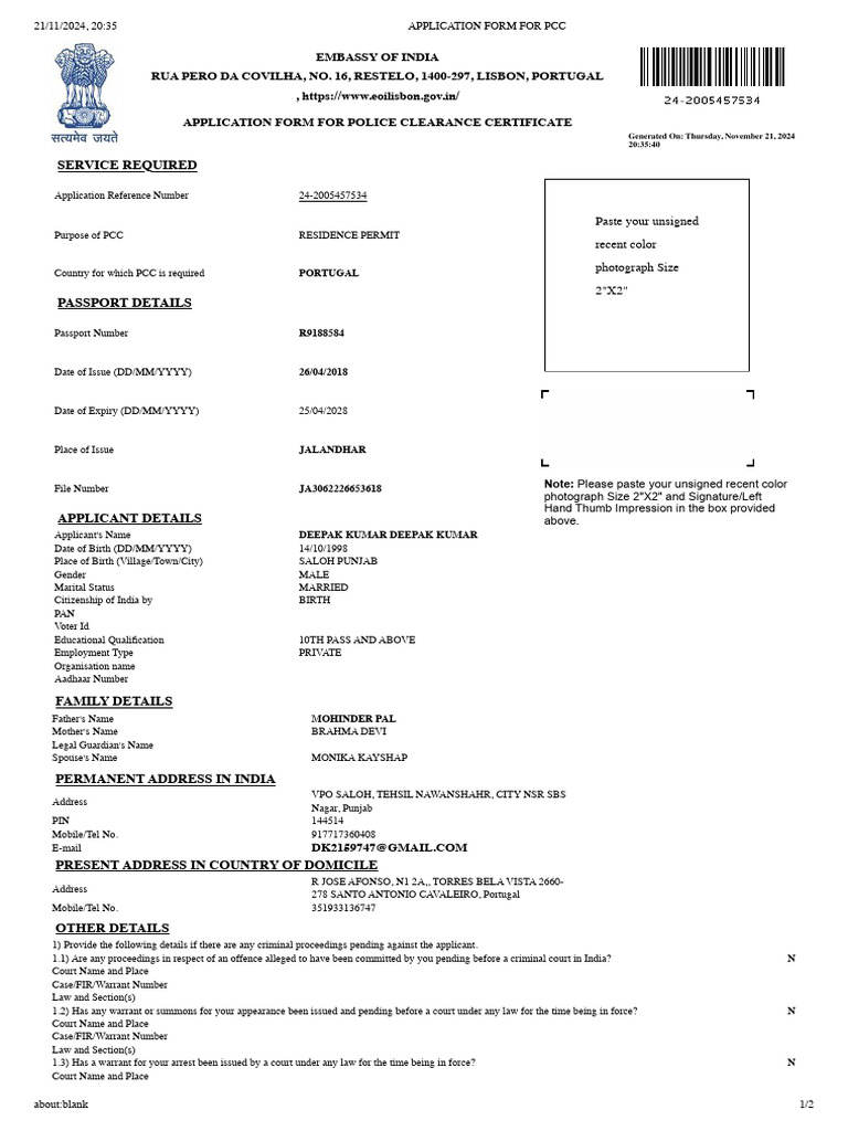 Application Form For PCC Deepak Kumar | PDF | Arrest Warrant | Crime & Violence