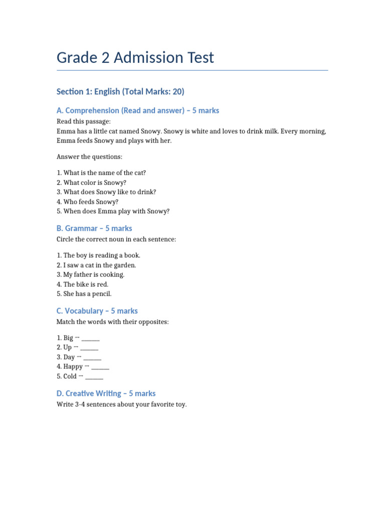 Grade 2 Admission Test Format | PDF