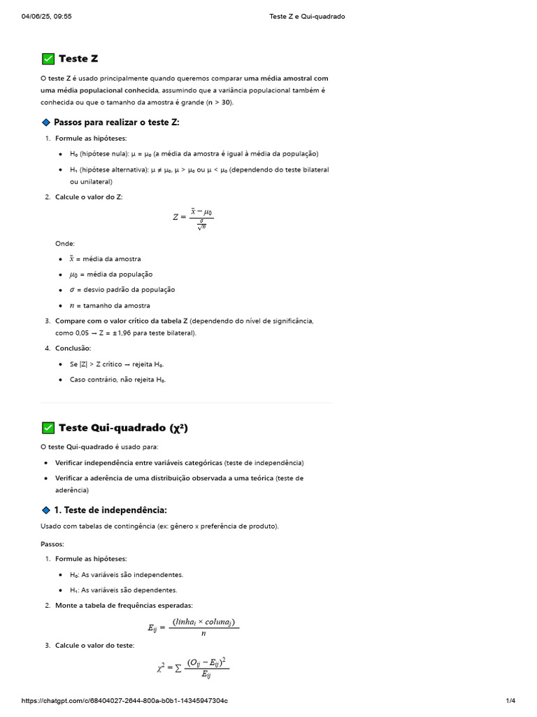 Testes Z e Qui-quadrado: Guia Prático | PDF | Distribuição Qui Chi ...
