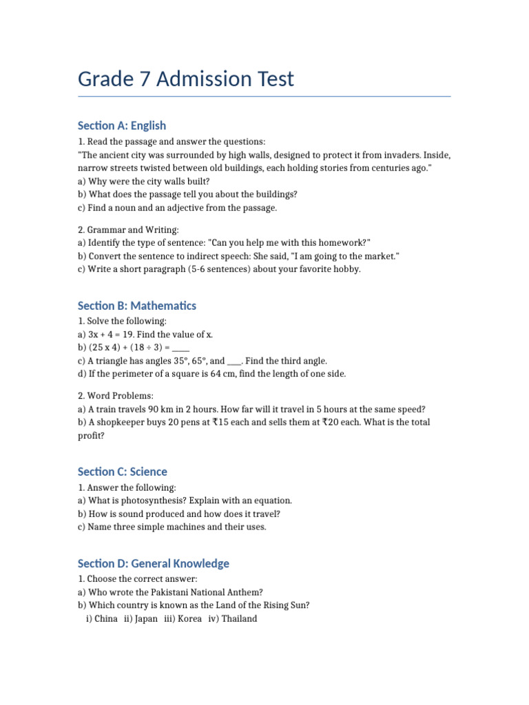 Grade 7 Admission Test Questions | PDF