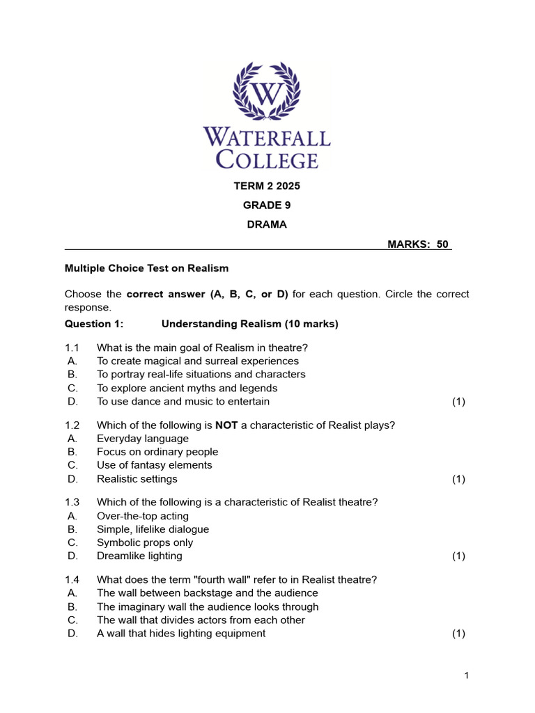 Grade 9 Exam Revision - Multiple Choice Test On Realism | PDF | Realism ...