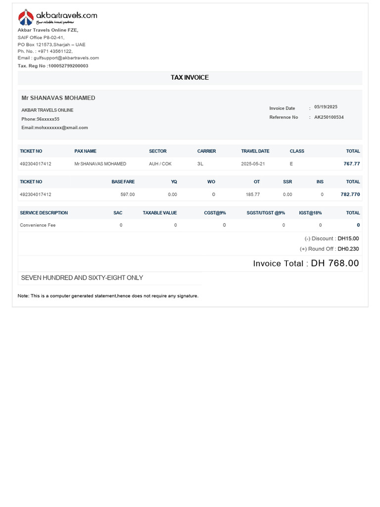Akbar Travels Invoice for Mr. Shanavas | PDF
