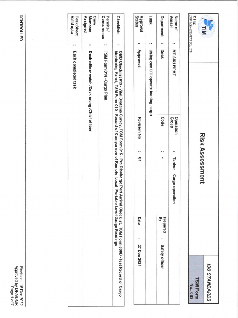 TSM Form 089 - Risk Assessment - Using One Uti. | PDF
