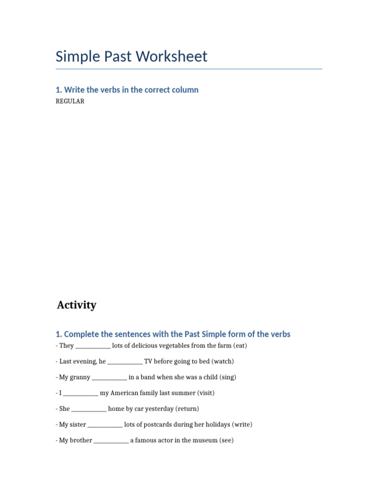 Simple Past Worksheet | PDF