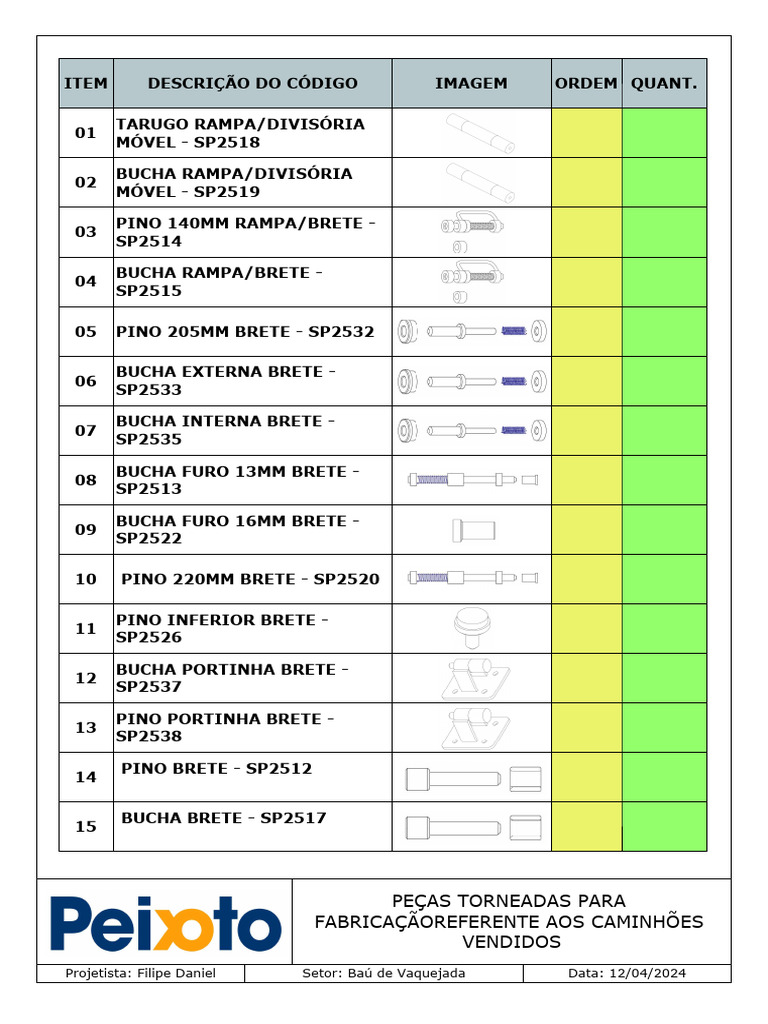 Lista de Quantidade de Peças Torneadas | PDF