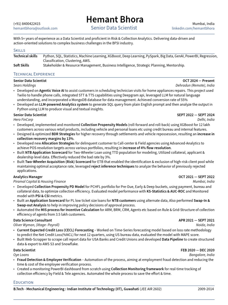 Resume Hemant Bhora 2025 | PDF | Analytics | Data Science