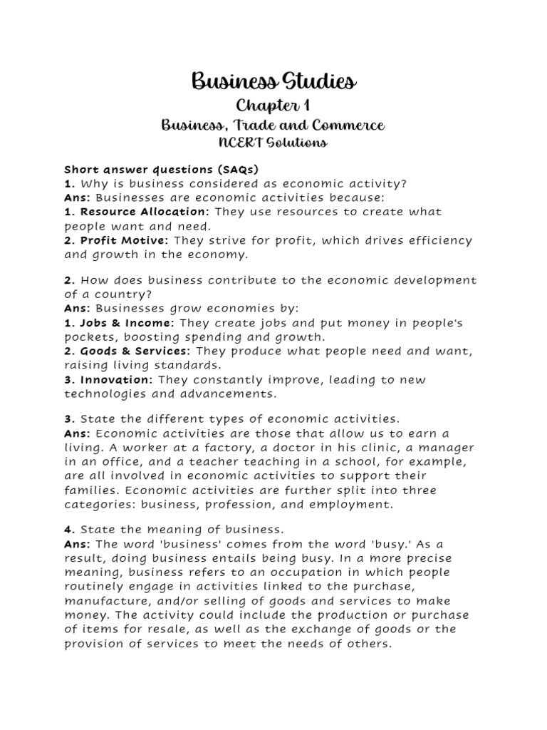 NCERT Solutions for Class 11 Business Studies Chapter 1 Business, Trade ...