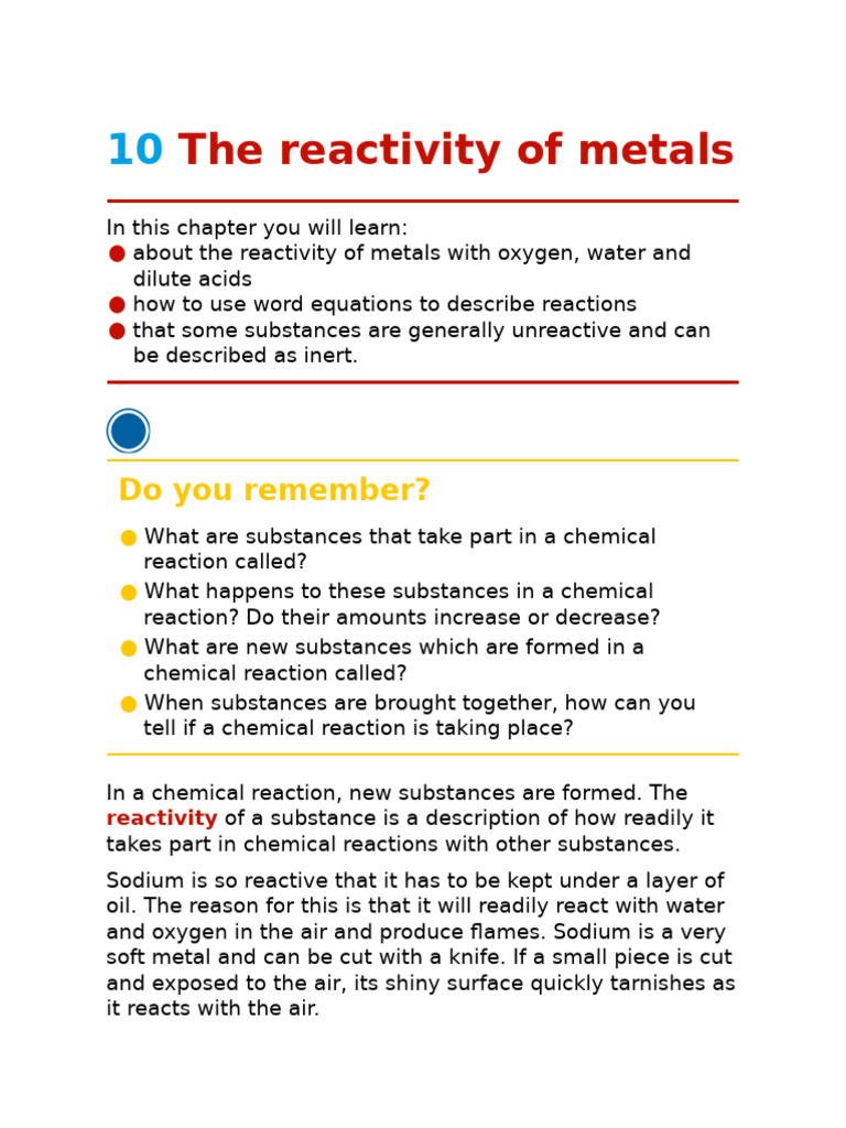 Reactivity of Metals | PDF | Chemical Reactions | Reactivity (Chemistry)