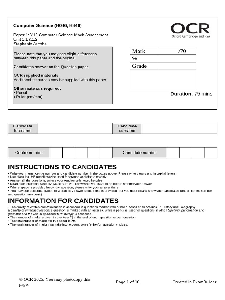 Paper 1 Y12 Computer Science Mock Assessment 2025 | PDF | Computer Data ...