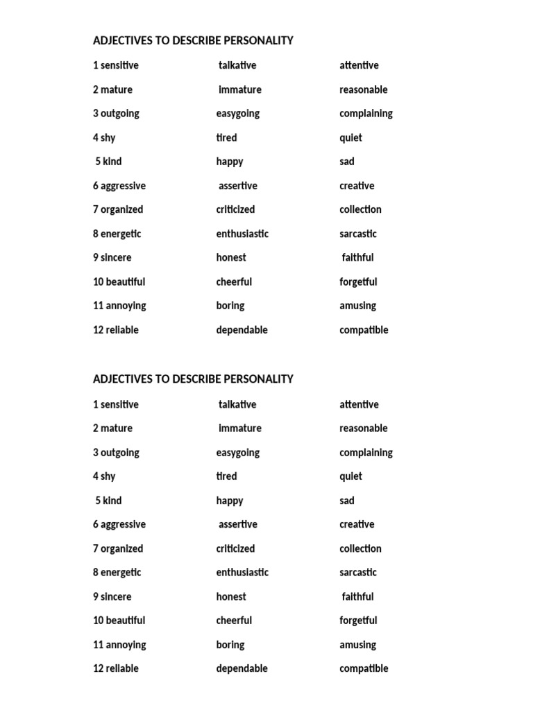 Personality Descriptive Adjectives List | PDF