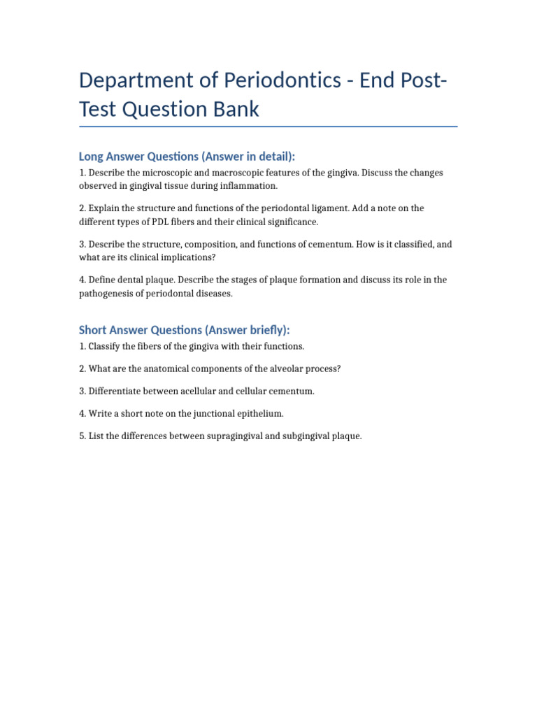 Periodontics End Post Test Question Bank | PDF