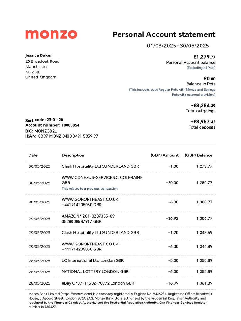 Monzo Bank Statement 2025 03 01 2025 05 30 3854 1 | PDF | Banking ...