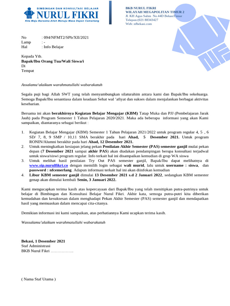 Surat Info KBM Semester 1 | PDF