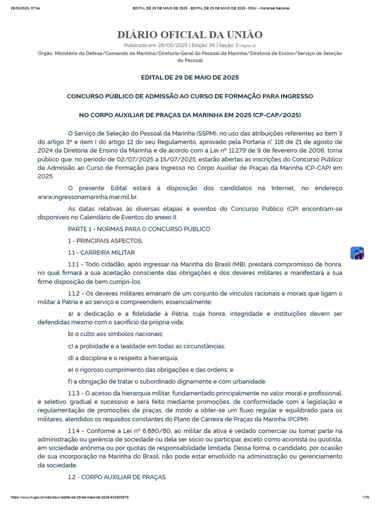 Edital Concurso CAP Marinha 2025 | PDF