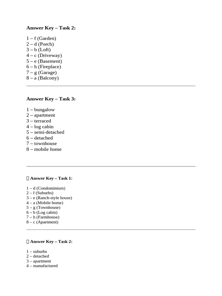 Answer Key for Housing Tasks | PDF
