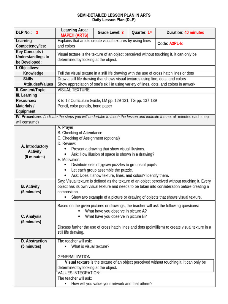 DLP Arts Melc Week 3-8 q1 | PDF | Lesson Plan | Drawing