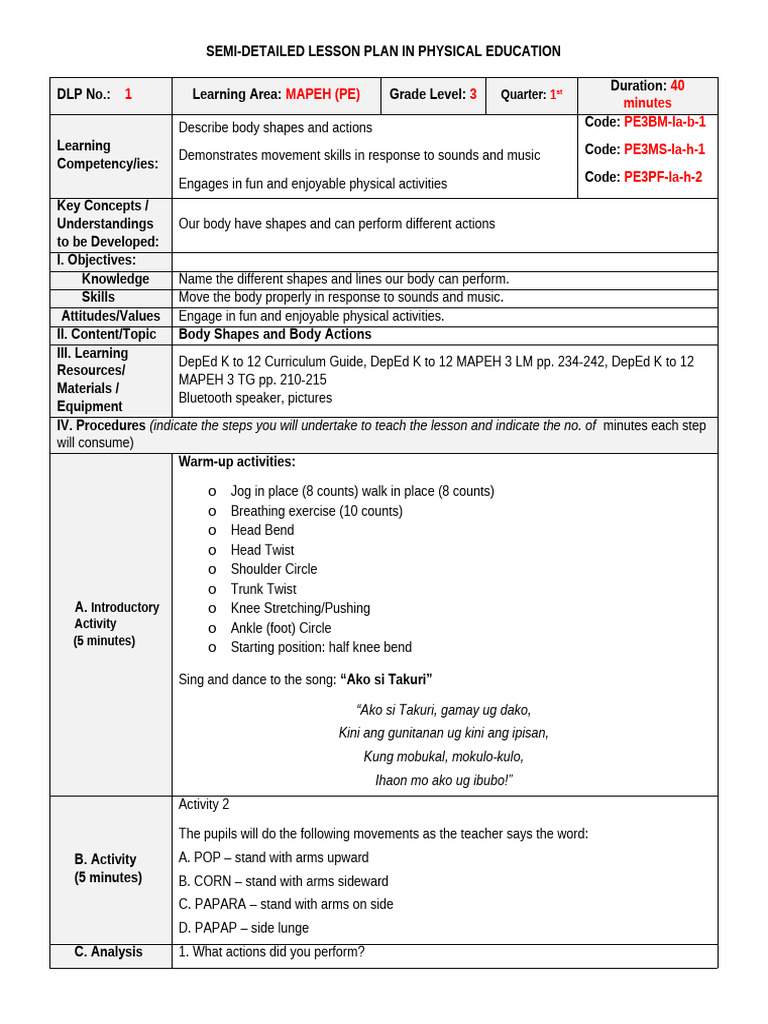 P.E. III q1 Melc Based DLP | PDF | Physical Education | Learning