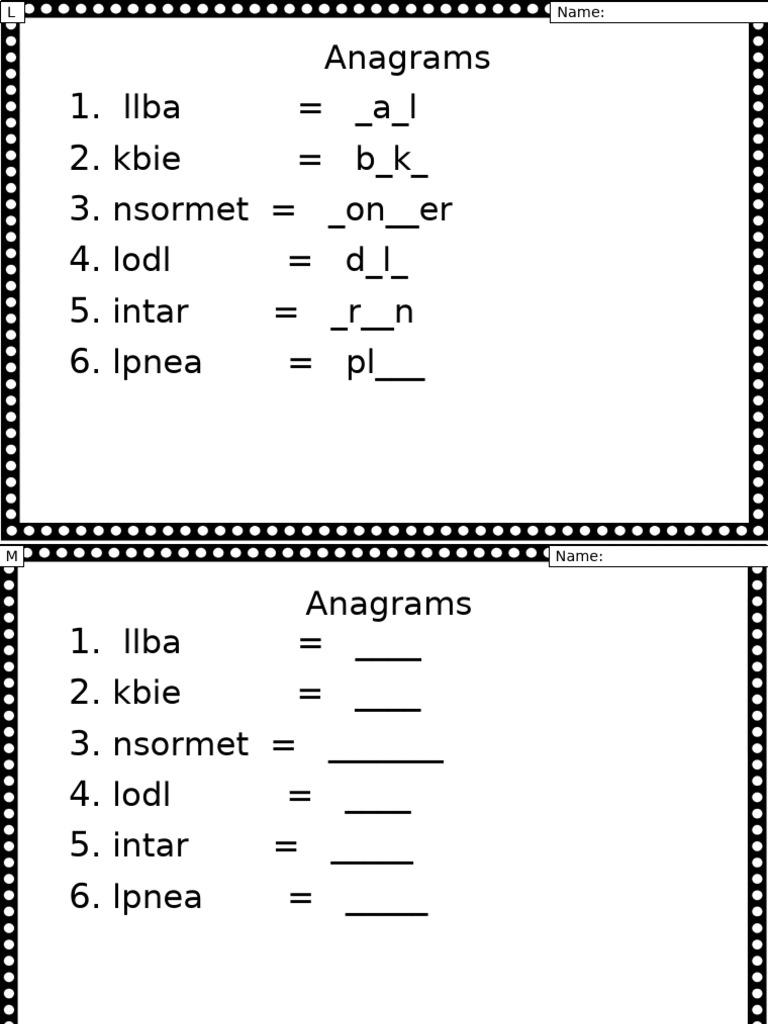 Anagrams Llba - A - L Kbie B - K - Nsormet - On - Er Lodl D - L - Intar - R - N Lpnea PL | PDF