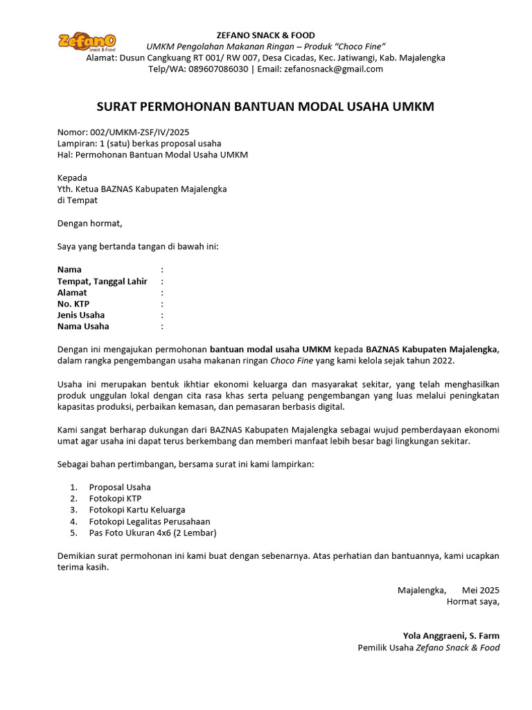 Surat Permohonan Bantuan Modal Usaha Umkm (1) | PDF