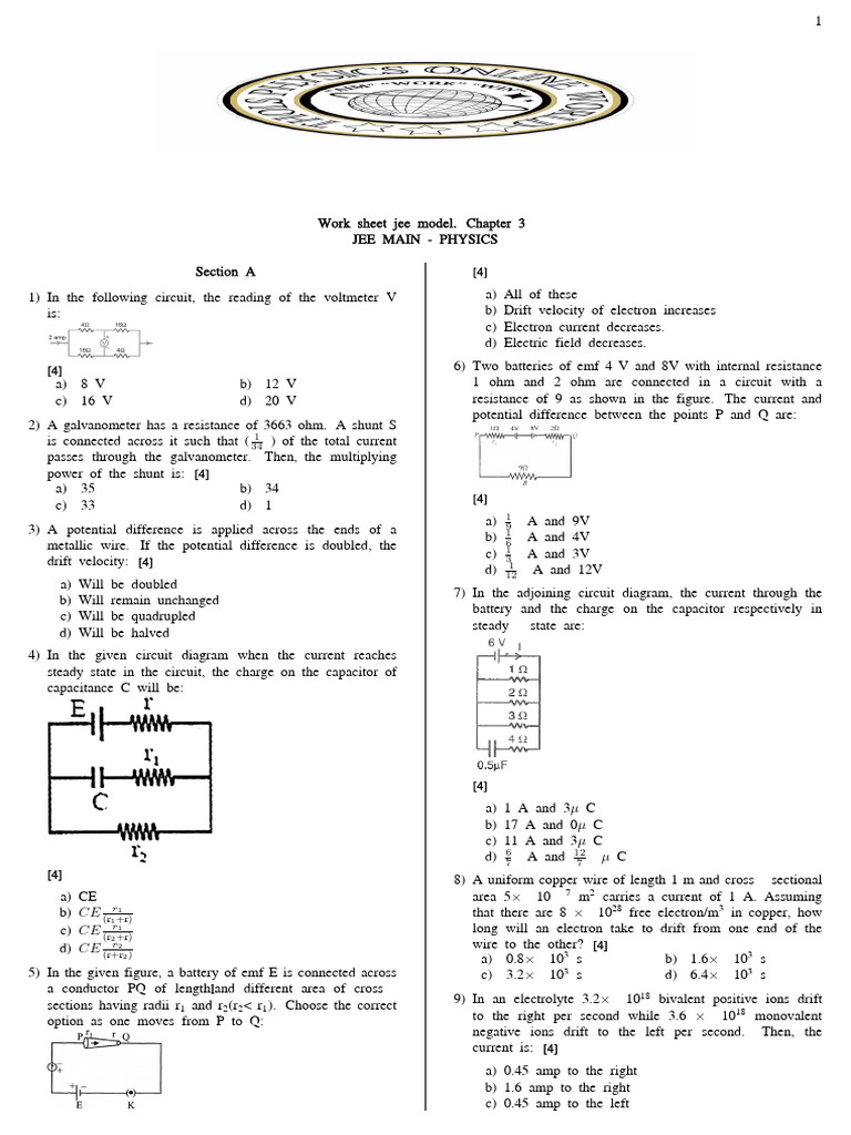JEE Main Physics Worksheet: Chapter 3 | PDF | Series And Parallel ...