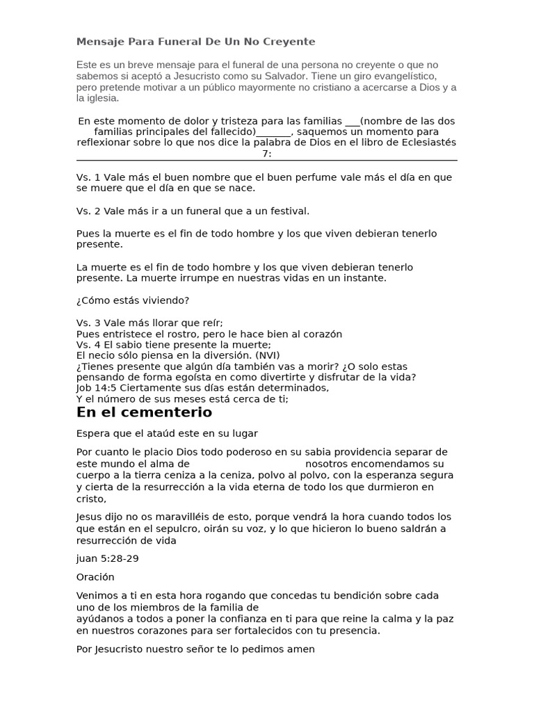 Mensaje para Funeral de No Creyente | PDF
